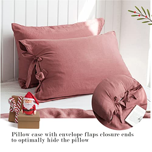 Simple&Opulence 100% Linen Duvet Cover Set, 3 Piece Belgian Flax Breathable Bedding, Queen Size 88''x92'' (1 Comforter Cover+2 Pillowshams) with Tie Closure Style, Coral-Red