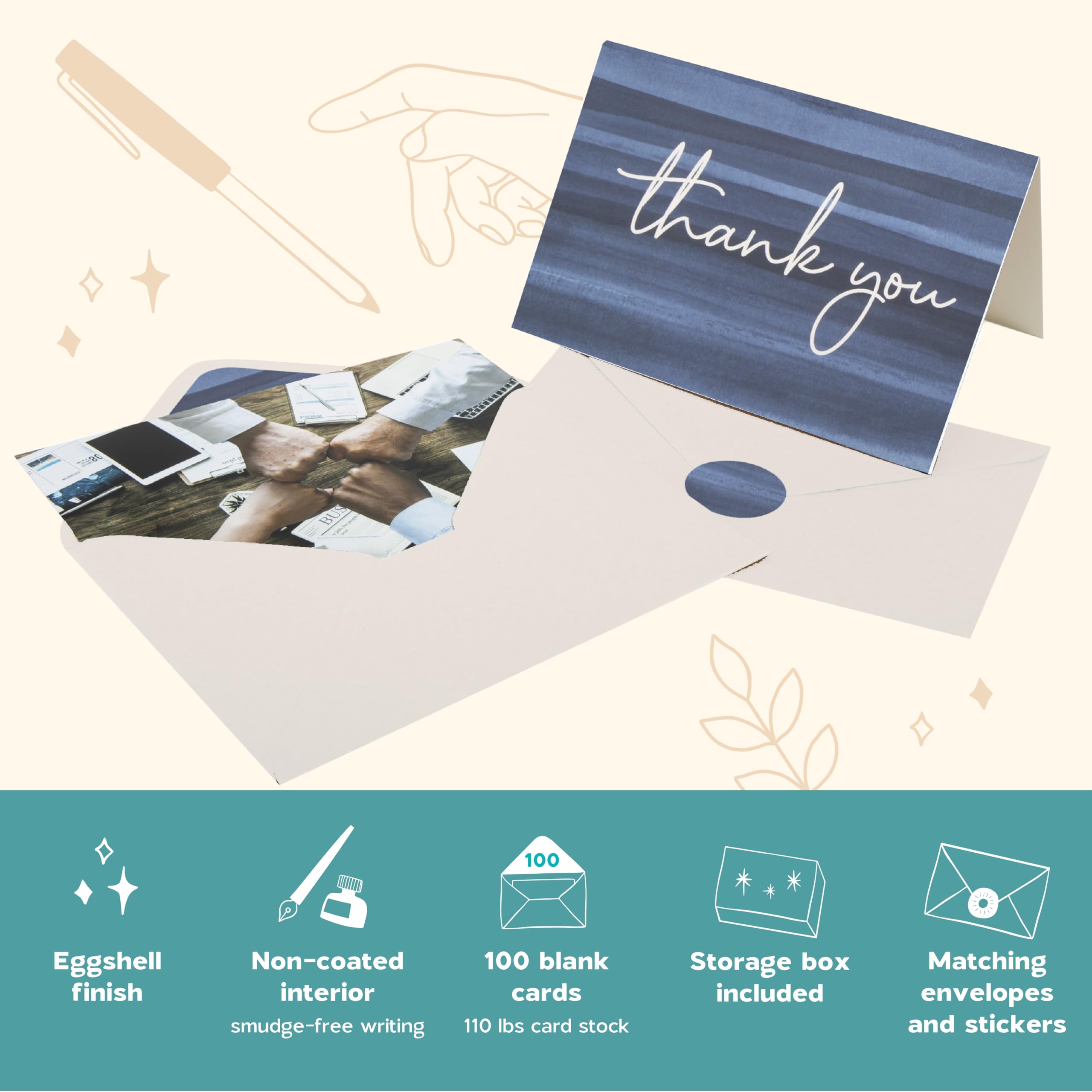 VNS Creations 100 pack Thank You Cards with Envelopes & Stickers - Classy 4x6 Blank Thank You Cards Bulk Box Set - Large Thank You Notes for Wedding, Small Business, Baby & Bridal Shower (Ombre)