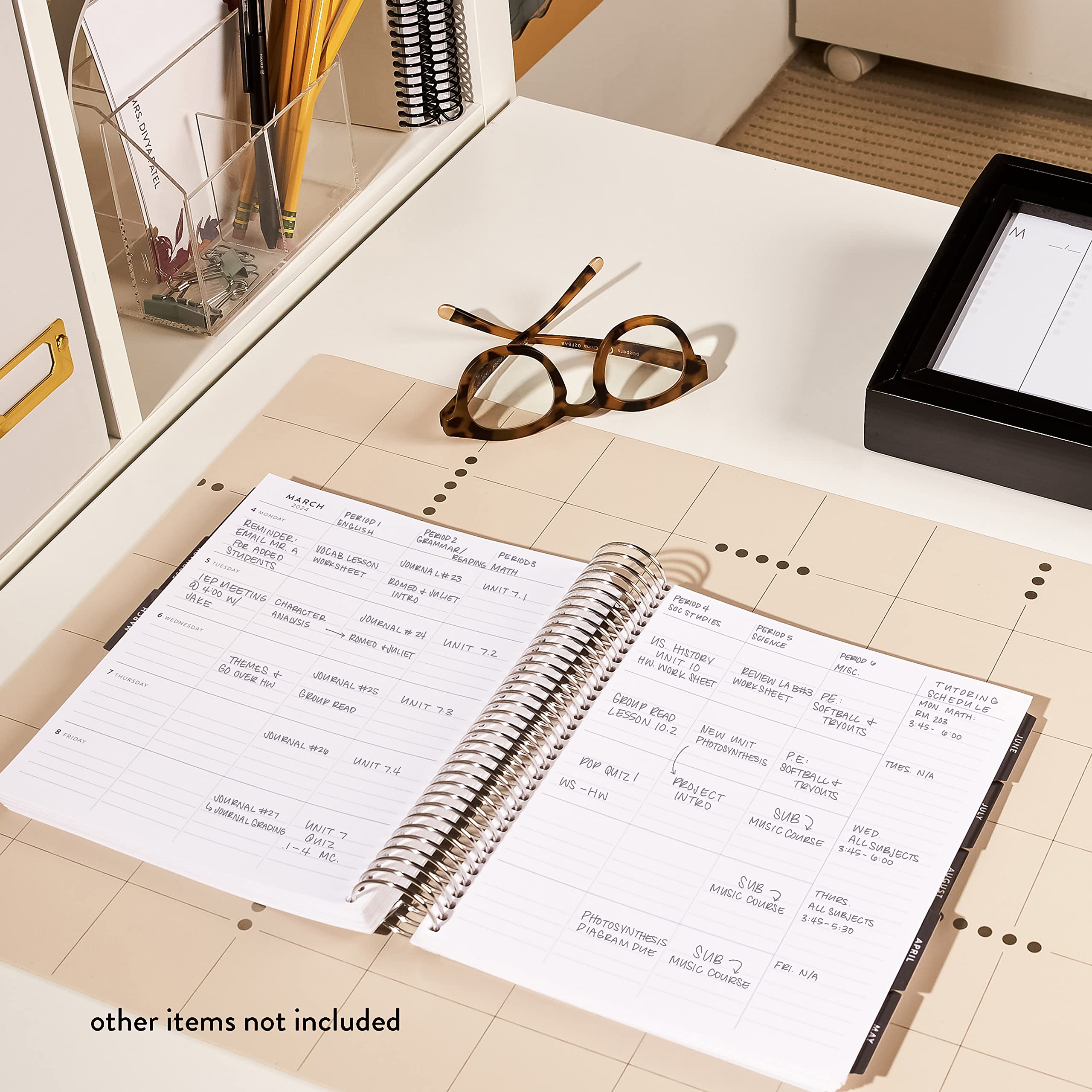 Erin Condren 7" x 9" Platinum Coiled Focused Teacher Lesson Planner (July 2023 - June 2024) - Quartz Grid Vegan Leather Cover - 80 Lb. Thick Mohawk Paper, 12 Month Calendar