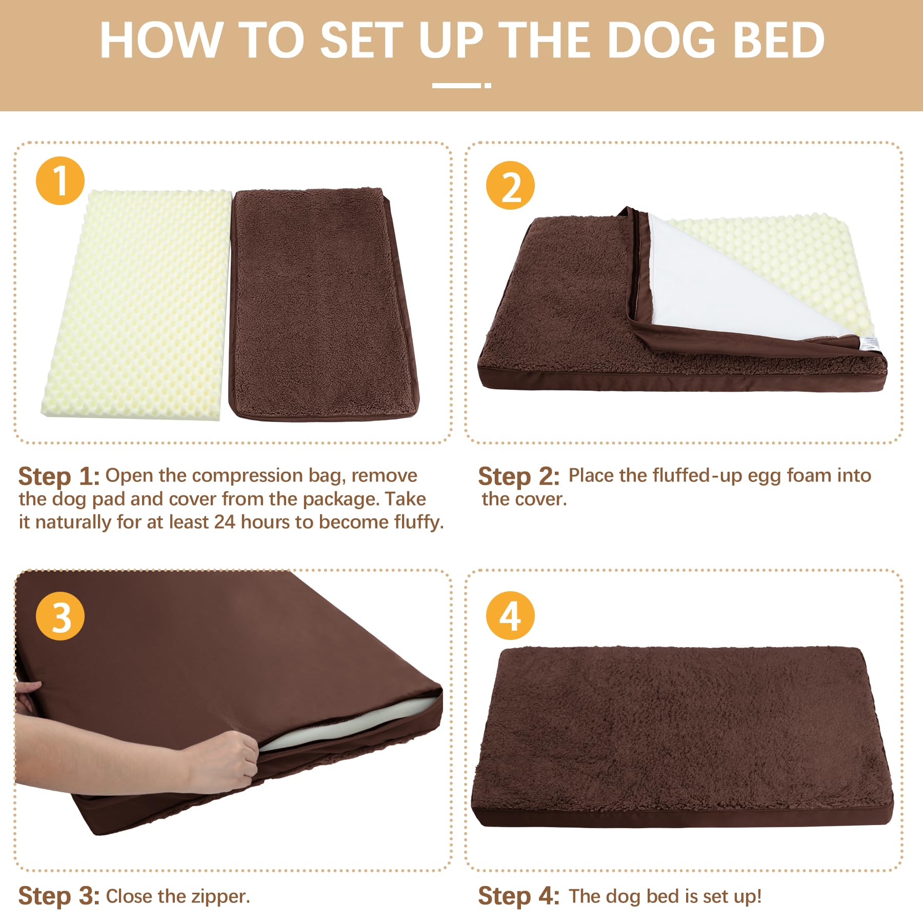 MIHIKK Large Dog Bed with Removable Washable Cover, Orthopedic Dog Crate Bed Large Breed, Waterproof Pet Bed, Big Flat Dog Beds Large Sized Dog Mattress, Brown, 36 inch