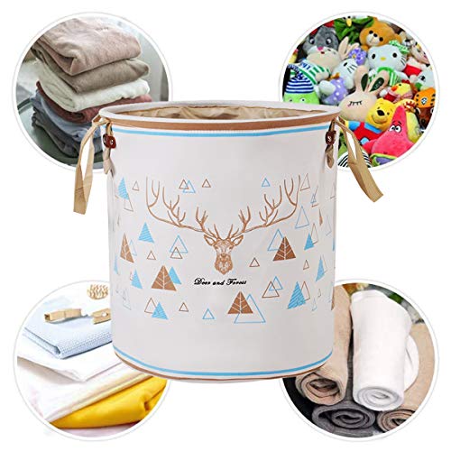 Deer Laundry Basket, Large Foldable Canvas Laundry Hamper with Handles Round 15" Cartoon Home Organizer for Baby Nursery,Toys,Laundry,Clothing,Gift Storage Baskets