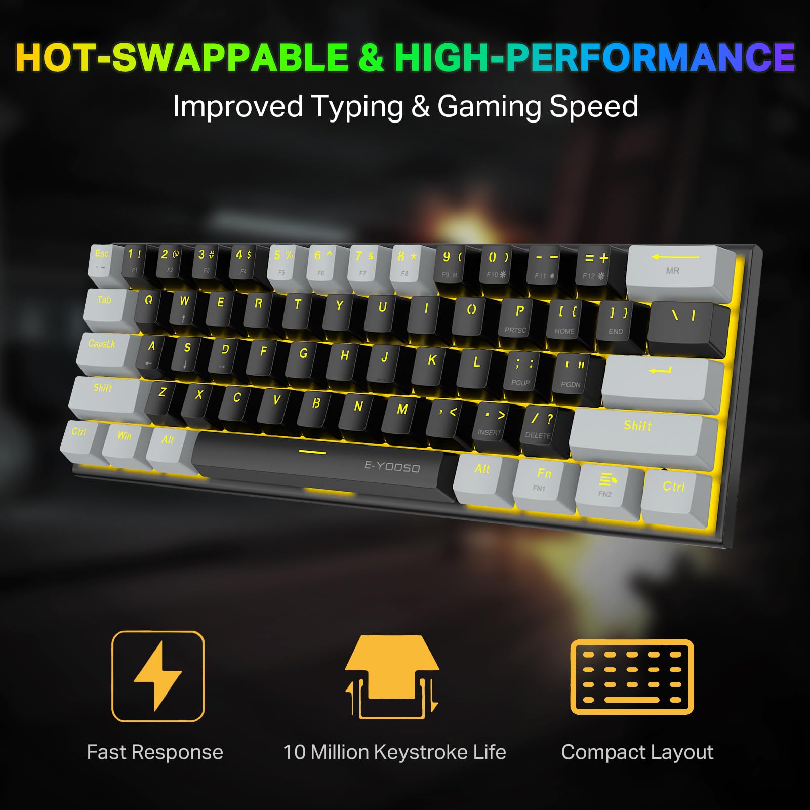 E-YOOSO 60% Mechanical Keyboard, Red Switches Mechanical Gaming Keyboard Wired with LED Backlit, Ultra-Compact 60 Percent Computer Keyboard for Windows, Mac OS (Grey Black)