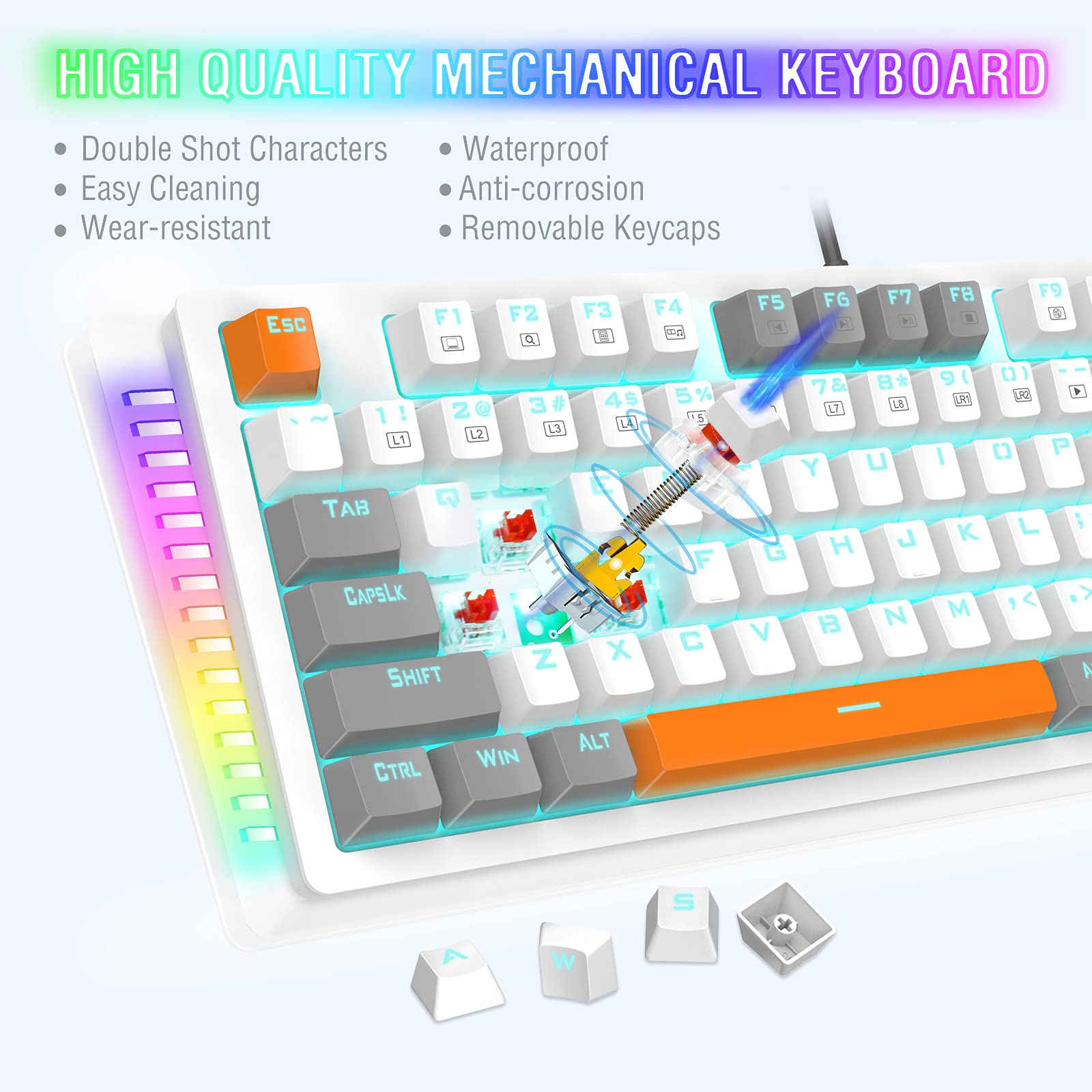 E-YOOSO Mechanical Gaming Keyboard, Wired 75% Mechanical Keyboard with Red Switches, 87 Keys Gaming Keyboard with Solid Color Backlit & RGB LED Sidelight for Windows Mac PC Gaming