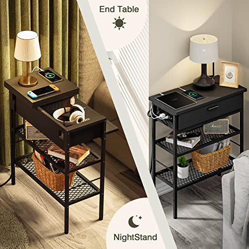 WASAGUN Narrow End Table with Charging Station, Black Nightstand with USB Ports and Outlets, Side Table Living Room Bedroom with Drawer, Skinny Bedside Table Storage Shelves for Small Spaces