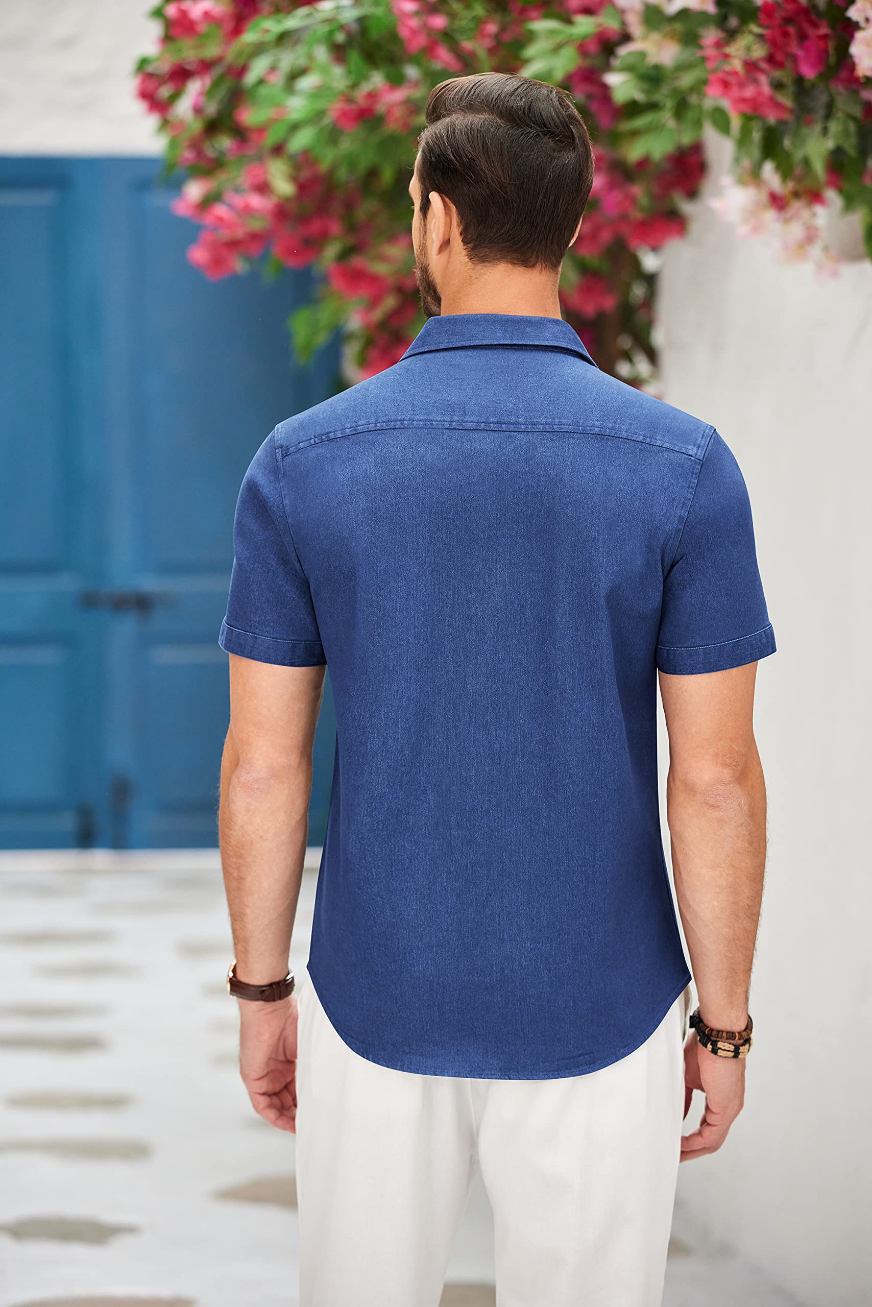 COOFANDY Short Sleeved Shirts Men Casual Button Down Dress Shirt Denim Work Shirts, Dark Blue, X-Large