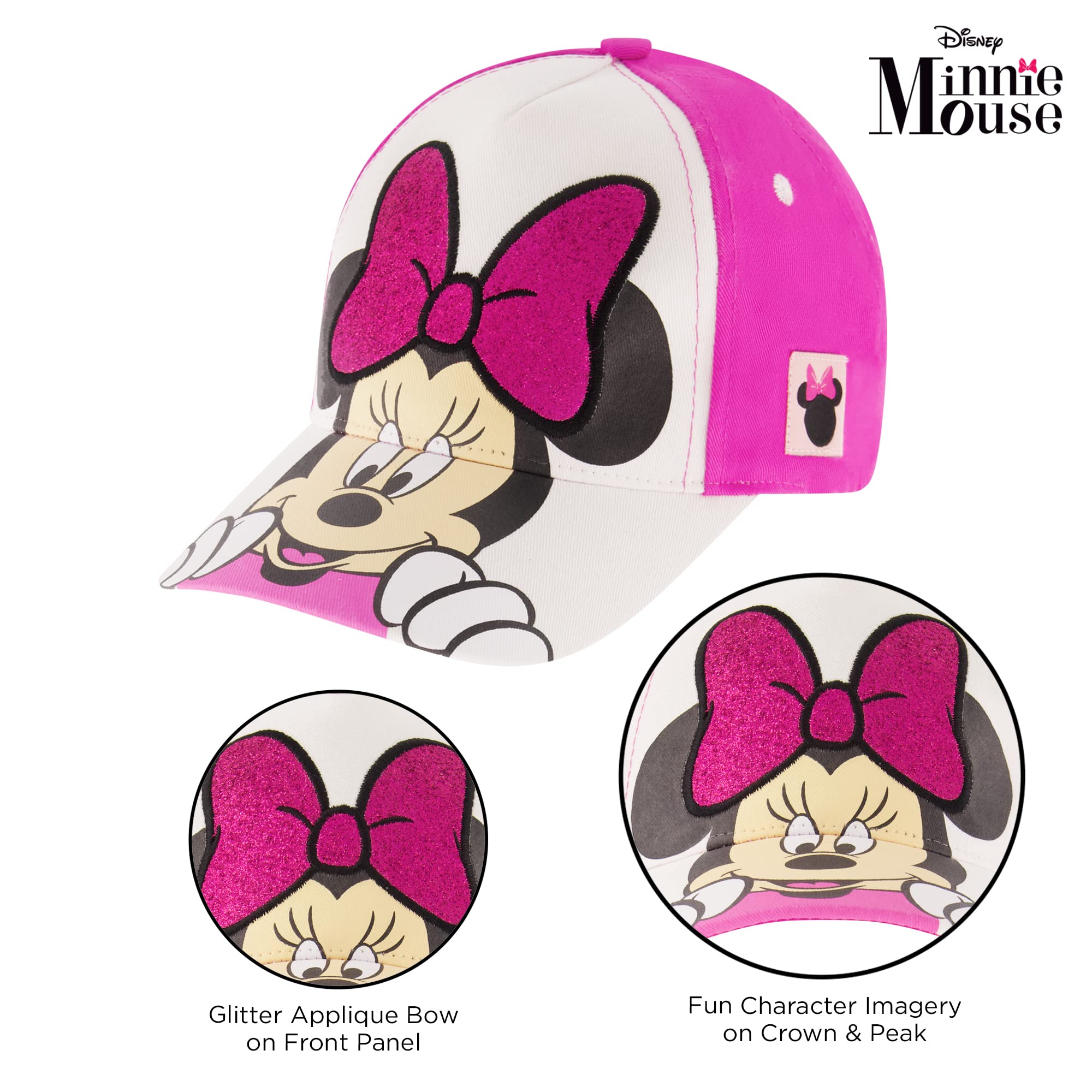 Disney Girls Cap, Minnie Mouse Adjustable Toddler Hat, Ages 2-4 Or Hats For Kids 4-7 Baseball Cap, Pink/White, 2-4T US