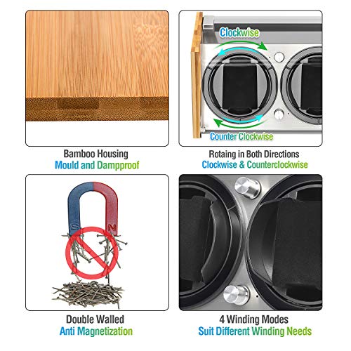 Watch Winder Box for Automatic Watches or Rolex Double Spacious for Any Size, Craftsmanship Bamboo Wood Patent Housing Case, AC or Battery Powered Super Quiet Japanese Motor by Watch Winder Smith ®