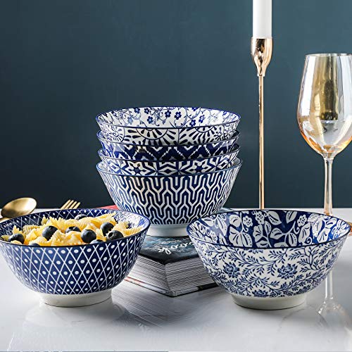 Selamica Blue and White Porcelain 20oz Cereal Bowl Set - Set of 6, 6 inch Soup Bowls, Ceramic bowls for Cereal, Soup, Salad and Pasta, Vintage Blue, Gift Pack