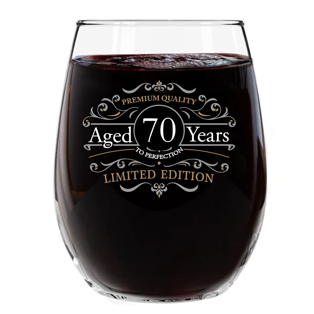 DU VINO Vintage Edition 70th Birthday Stemless Wine Glass for Men and Women (70th Anniversary) 15 oz | Happy Birthday Wine Glasses for 70 Year Old | Classic Birthday Gift, Reunion Gift for Him or Her