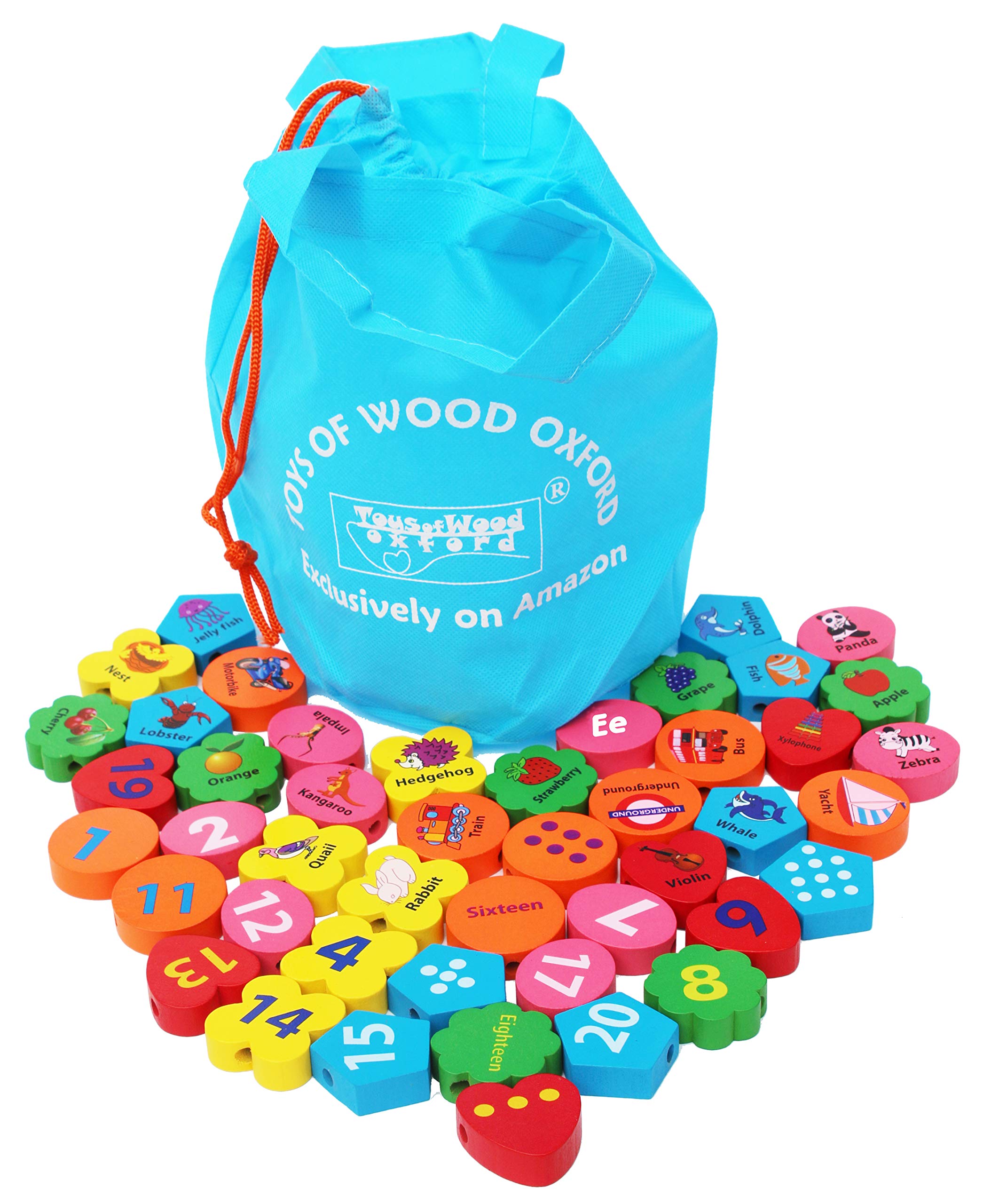 TOWO Wooden Alphabet Number Blocks – Letters ABC Threading Beads Sorting Toy 46 Pieces - Lacing Puzzle- Educational Color Matching Toys for 3 Years Old Fine Motor STEM Montessori Learning