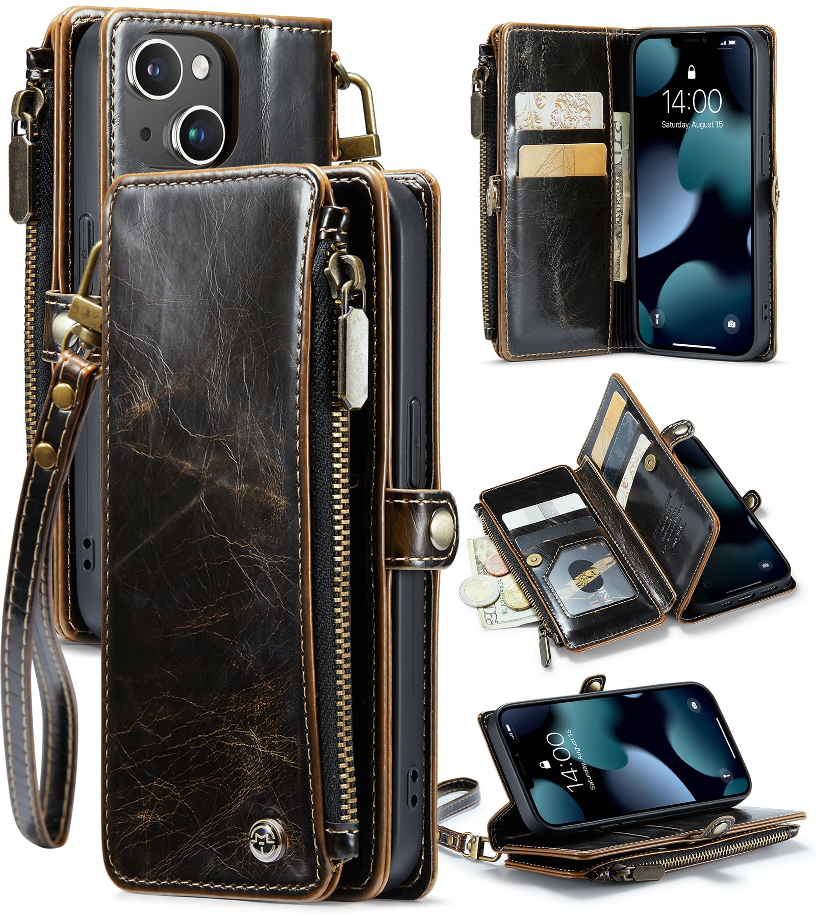 Defencase for iPhone 13 Wallet Case, for iPhone 13 Case Wallet for Women and Men, Luxury Vintage PU Leather Magnetic Flip Wrist Strap Zipper Card Holder Phone Cases for iPhone 13, Luxury Coffee