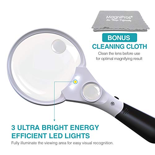 MagniPros 3 Ultra Bright LED Lights 3X 4.5X 25X Power Handheld Reading Magnifying Glass with Light- Ideal for Reading Small Prints, Map, Coins, Inspection and Jewelry Loupeā¦