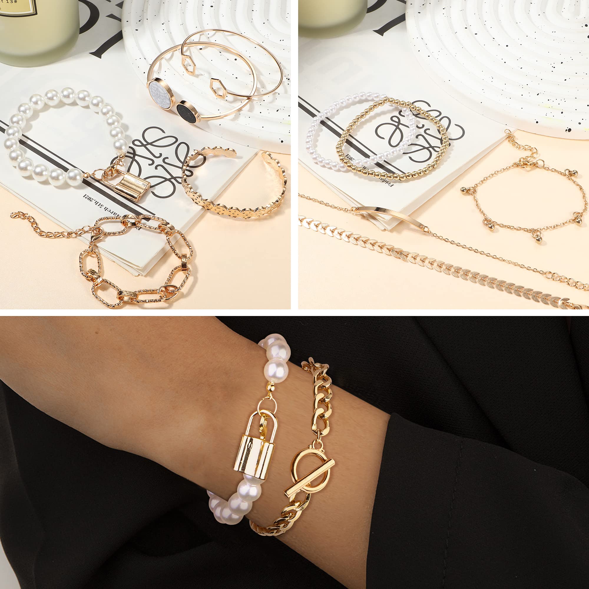 FUNRUN JEWELRY 30PCS (6 PACK) Gold Bracelets Set for Women Multiple Layered Boho Stackable Chain Bracelet Cuff Wrap Bangle Adjustable Fashion Paperclip Link Italian Cuban Bracelet Jewelry