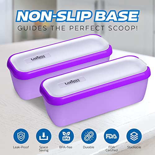Laxinis World Ice Cream Containers – Pack of 2 Ice Cream Plastic Containers with lids, 1.5 Quarts, Reusable, with Non-slip Base (Purple)
