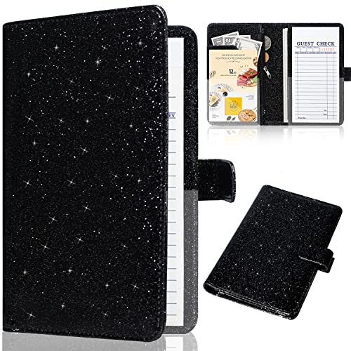 Server Book for Waitress-Leather Waitress Book Organizer with Zipper Pocket Cute Waiter Book Server Wallet with Magnetic Closure, Glitter Black