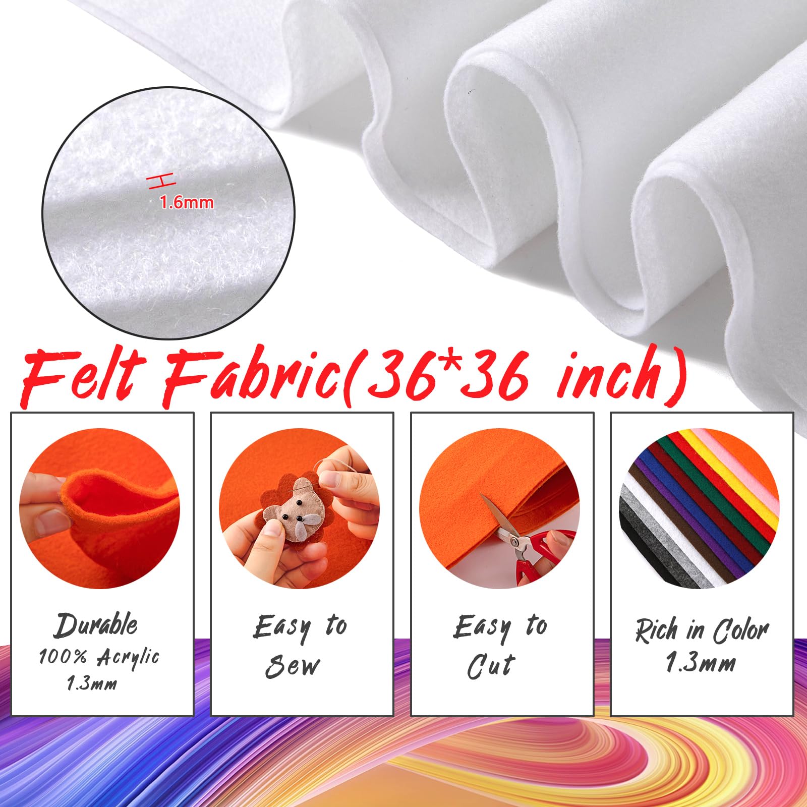 HaoFeiJH White Felt Fabric 36" X 36"(1 Square Yard) 1.6mm,Fabric Sheets Soft Woven Acrylic Craft Felt by The Yard for Sewing DIY Art Craft Project Decorations