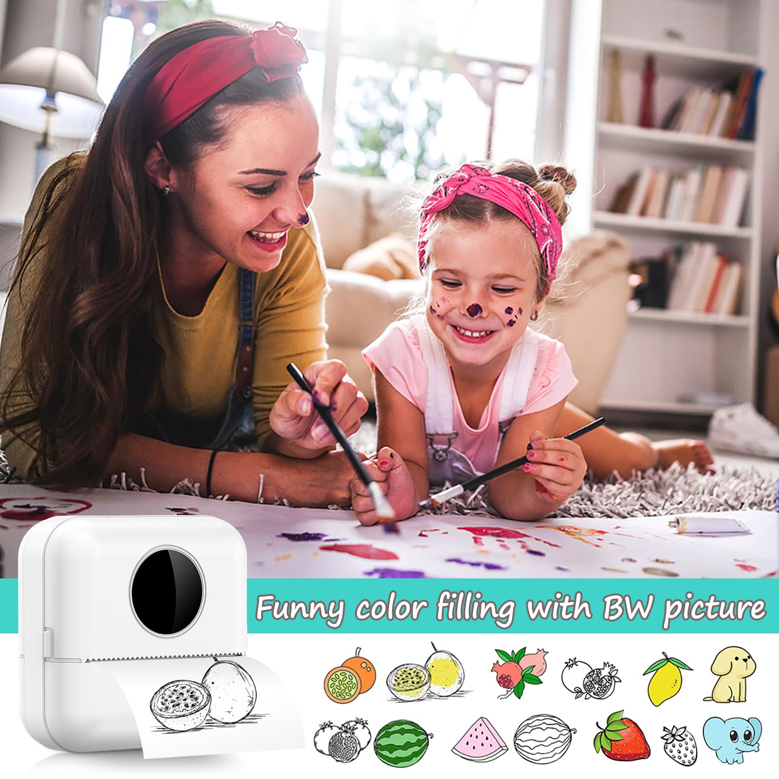 Mini Thermal Printer, Portable Inkless Photo Printer with 8 Rolls Continuous Paper, Pocket Printer Sticker Maker for Study Notes, Labels, Journal, USB Rechargable Mini Printer for iOS Android