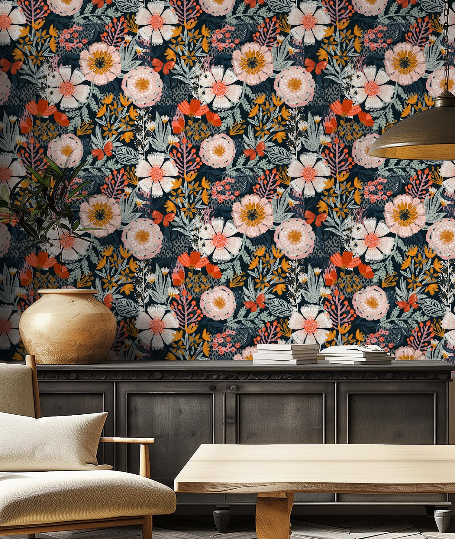 HAOKHOME Boho Peel and Stick Wallpaper Floral Wall Paper Removable for Bedroom Navy/Pink/Orange Contact Paper 17.7in x 9.8ft