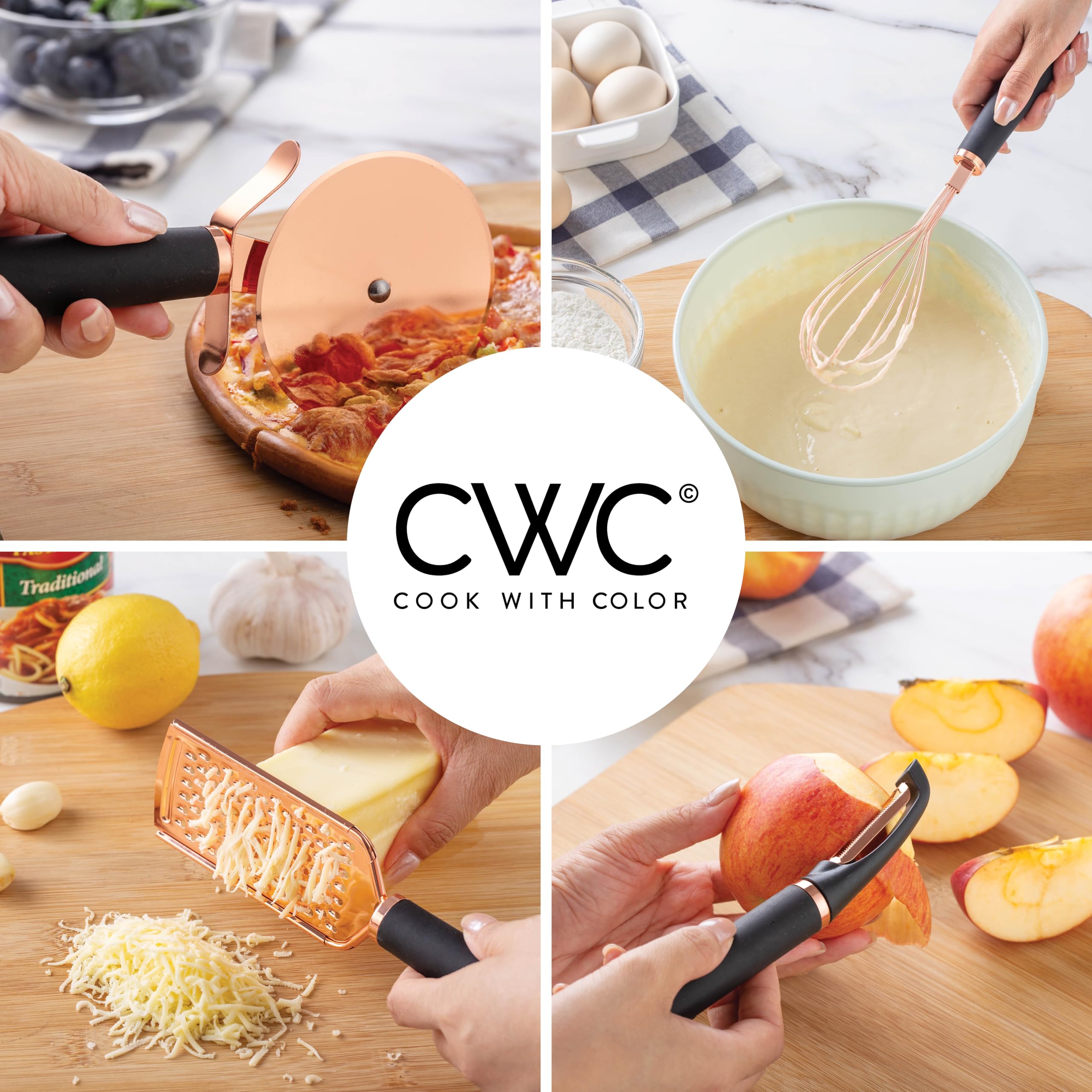 COOK With COLOR 7 Pc Kitchen Gadget Set Copper Coated Stainless Steel Utensils with Soft Touch Navy Handles