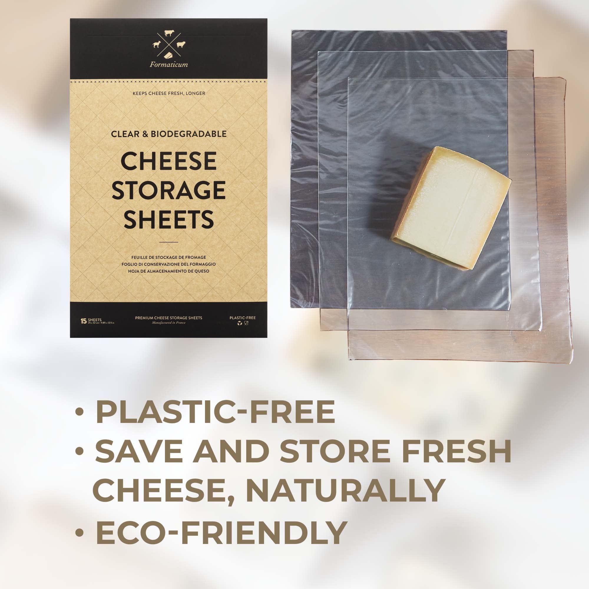 Formaticum Cheese Storage Sheets - Cheese Saver from France- Professional Earth Friendly Transparent Cheese Wrap - Cheese Sheet Savers of wood-based cellulose fibers - Clear 30 Sheets with 9" x 12"