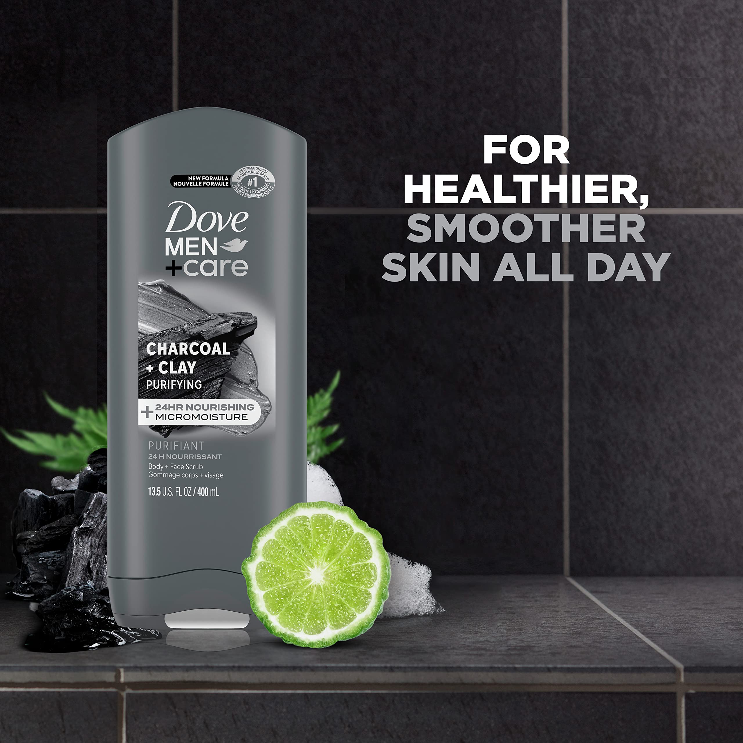 DOVE MEN + CARE Purifying Charcoal + Clay Body and Face Wash with 24-Hour Nourishing Micromoisture Technology Body Wash for Men, 13.5 oz