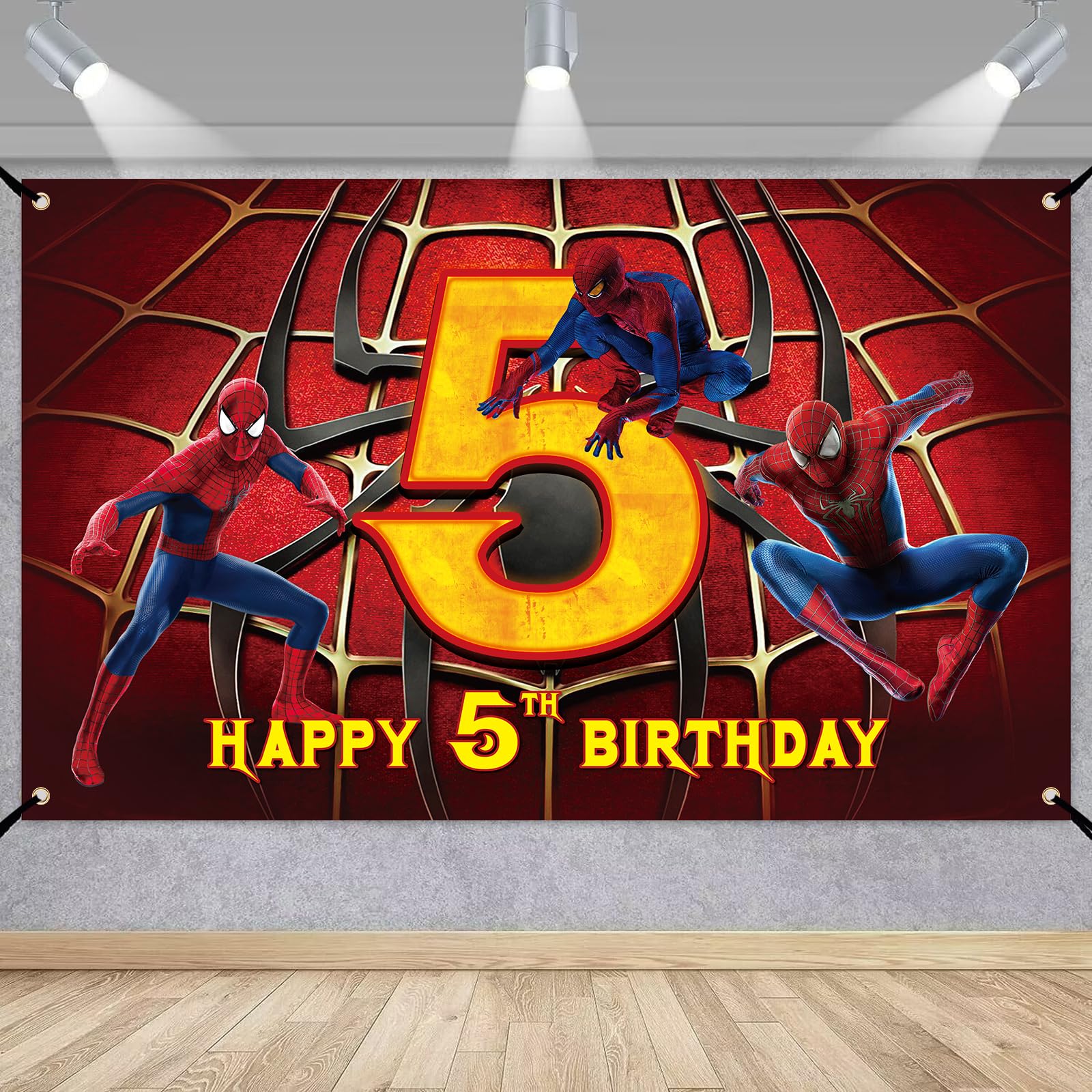 Dikovo Spider 5th Birthday Backdrop Decorations, Spider Theme Birthday Banner for Kids 5th Birthday Party Decoration Supplies