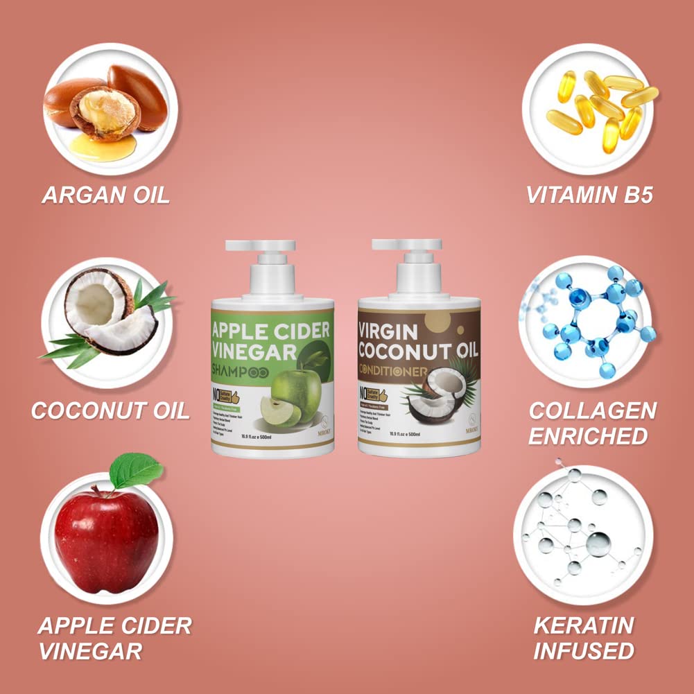 Mroky Shampoo and Conditioner Set, Apple Cider Vinegar Shampoo and Virgin Coconut Conditioner Bundle for Oily Dry Dull Damaged Curly Frizzy Hair, Sulfate, Silicone & Paraben Free, 2 x 16.9 fl oz