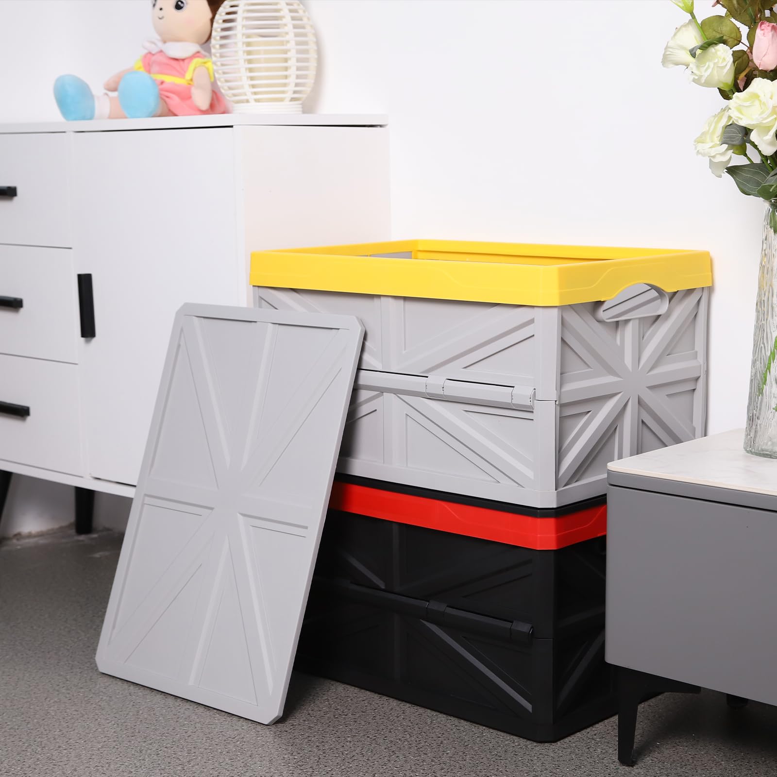 MIOKIL 55L/ Collapsible Storage Bin Durable Plastic Folding Storage Crate Plastic Tote Storage Box Container for Clothes Books,Snack, Fruits Grocery Storage Bin-Grey