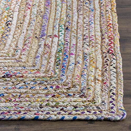 SAFAVIEH Cape Cod Collection Area Rug - 6' Square, Beige & Multi, Handmade Boho Braided Jute & Cotton, Ideal for High Traffic Areas in Living Room, Bedroom (CAP202B)