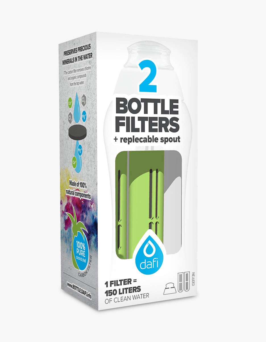 Dafi Filtering Water Bottles Kid Size 10 fl oz + 2-Pack Filters + 1 Cap Green Made In Europe BPA-Free