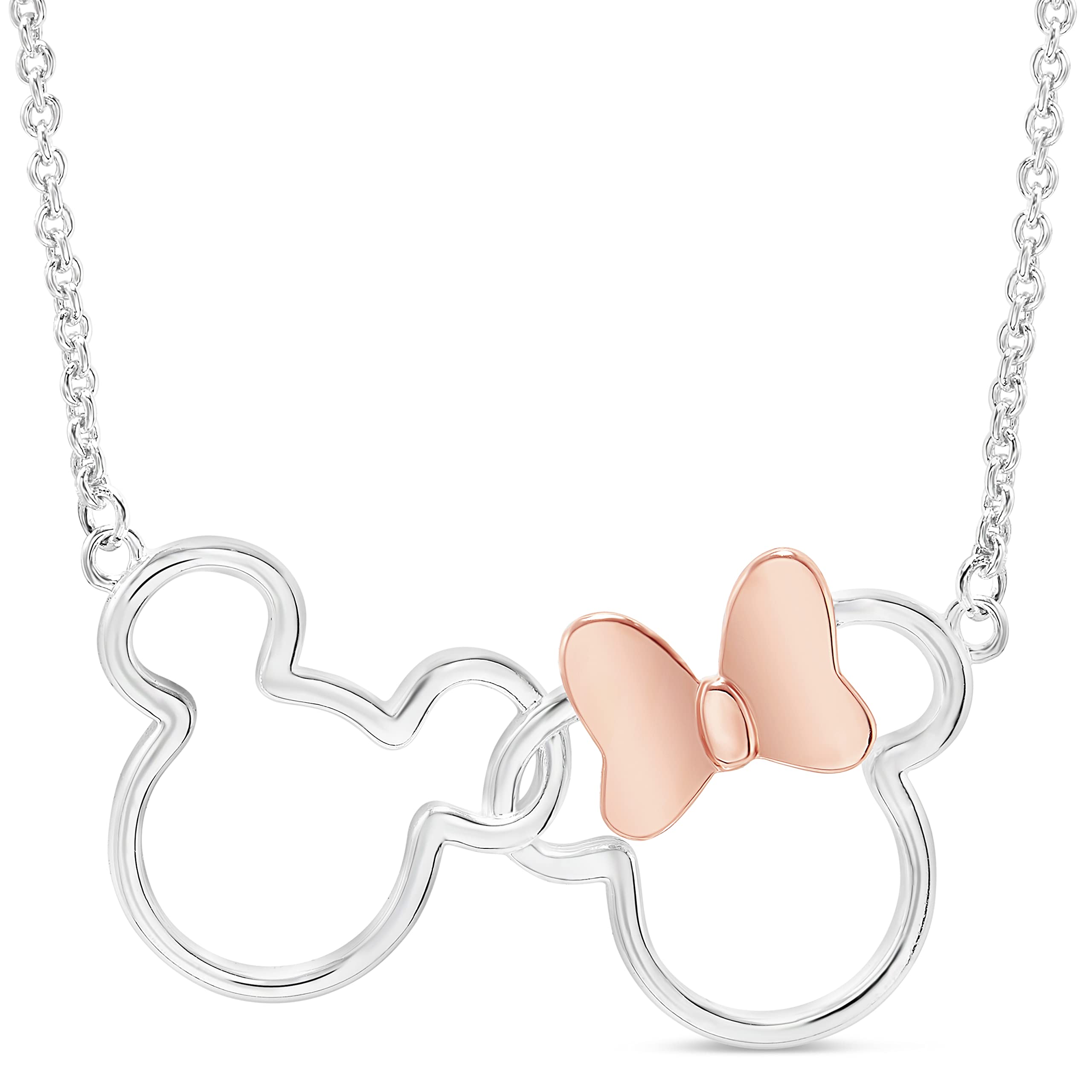 Disney Mickey and Minnie Mouse Jewelry for Women, Two Tone Interlocking Mickey and Minnie Pendant Necklace; Silver Plated, 18"