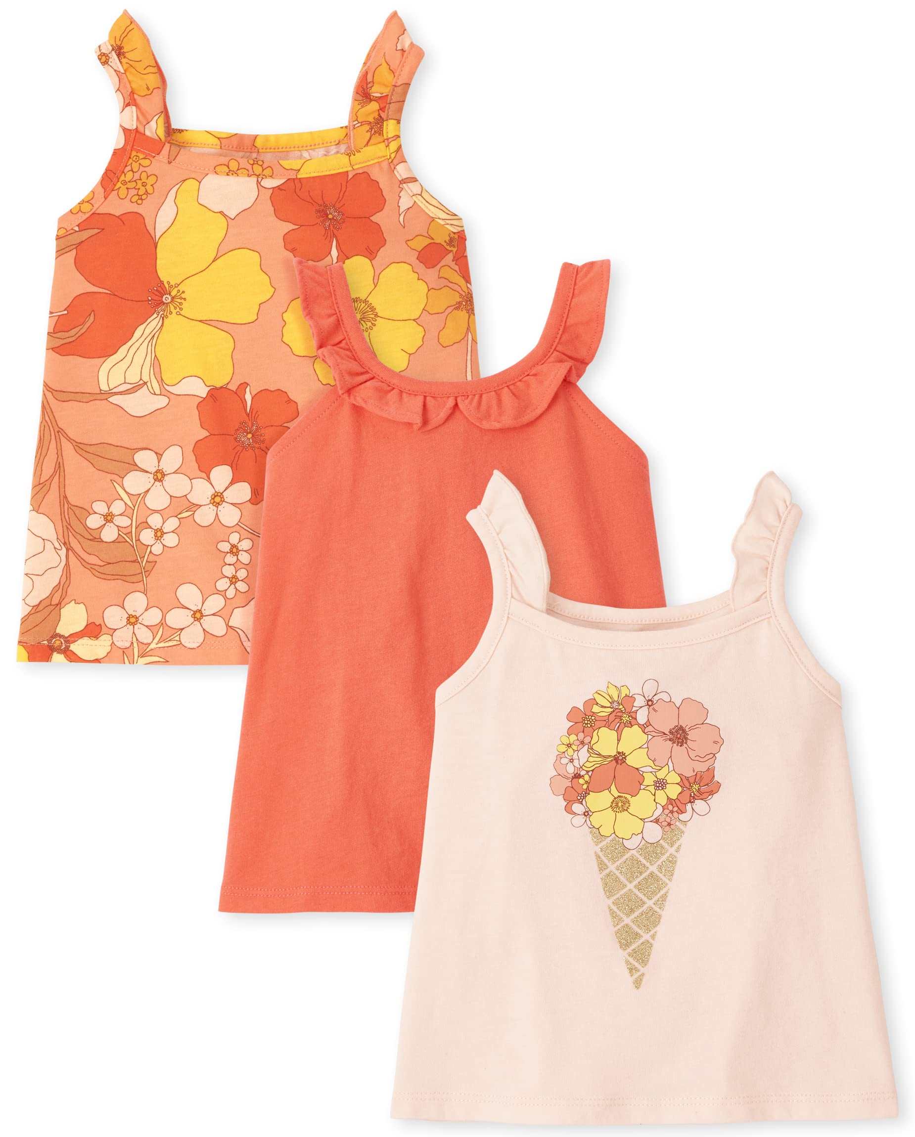 The Children's Place Baby 3 Pack and Toddler Girls Sleeveless Ruffle Tank Top, Floral Ice Cream/Rose Quartz/Desert Flower 3-Pack, 4T