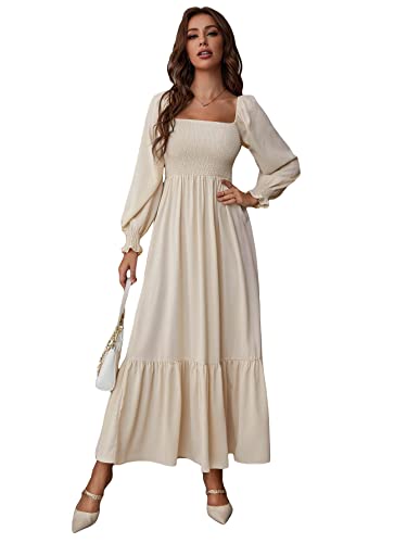 WDIRARA Women's Square Neck Flounce Shirred Ruffle Hem Elegant Long Sleeve Maxi Dress Apricot L