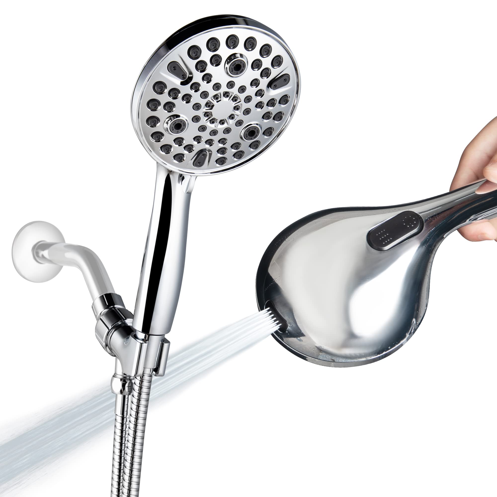 High Pressure Handheld Shower Head, 10-Setting Showerhead, 4.7”Detachable Showerhead Set with 5ft Hose, Adjustable Bracket and Built-in Power Wash to Clean Tub, Tile & Pets - Polished Chrome