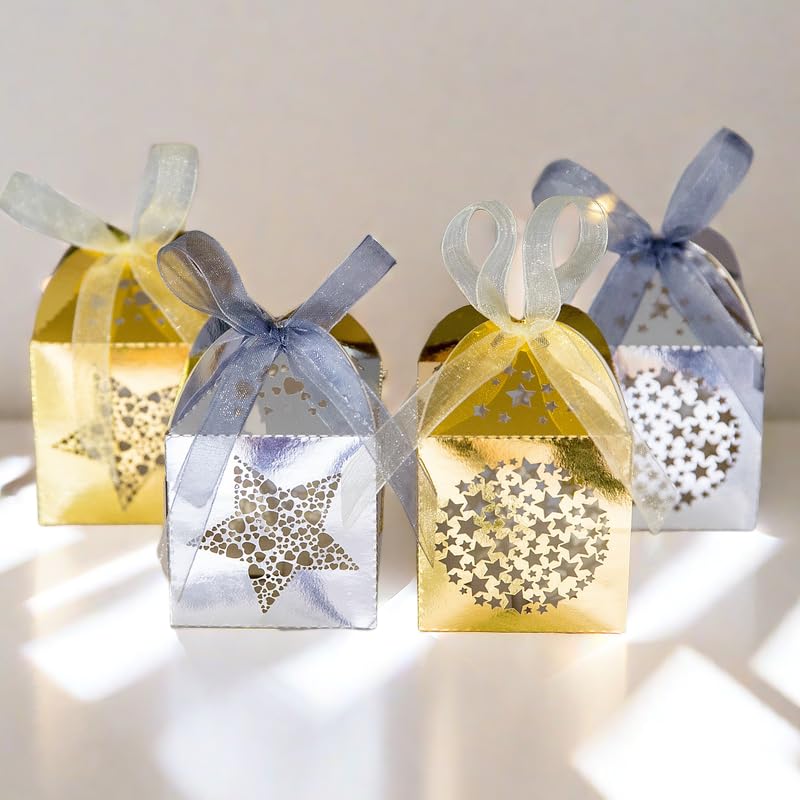 Naler 40pcs Mini Paper Treat Boxes Candy Goodie Gift Boxes with Ribbon for Halloween Christmas Wedding Favor Party Gift Wrap Decoration, Gold & Silver, 2 x 2 x 3 Inches