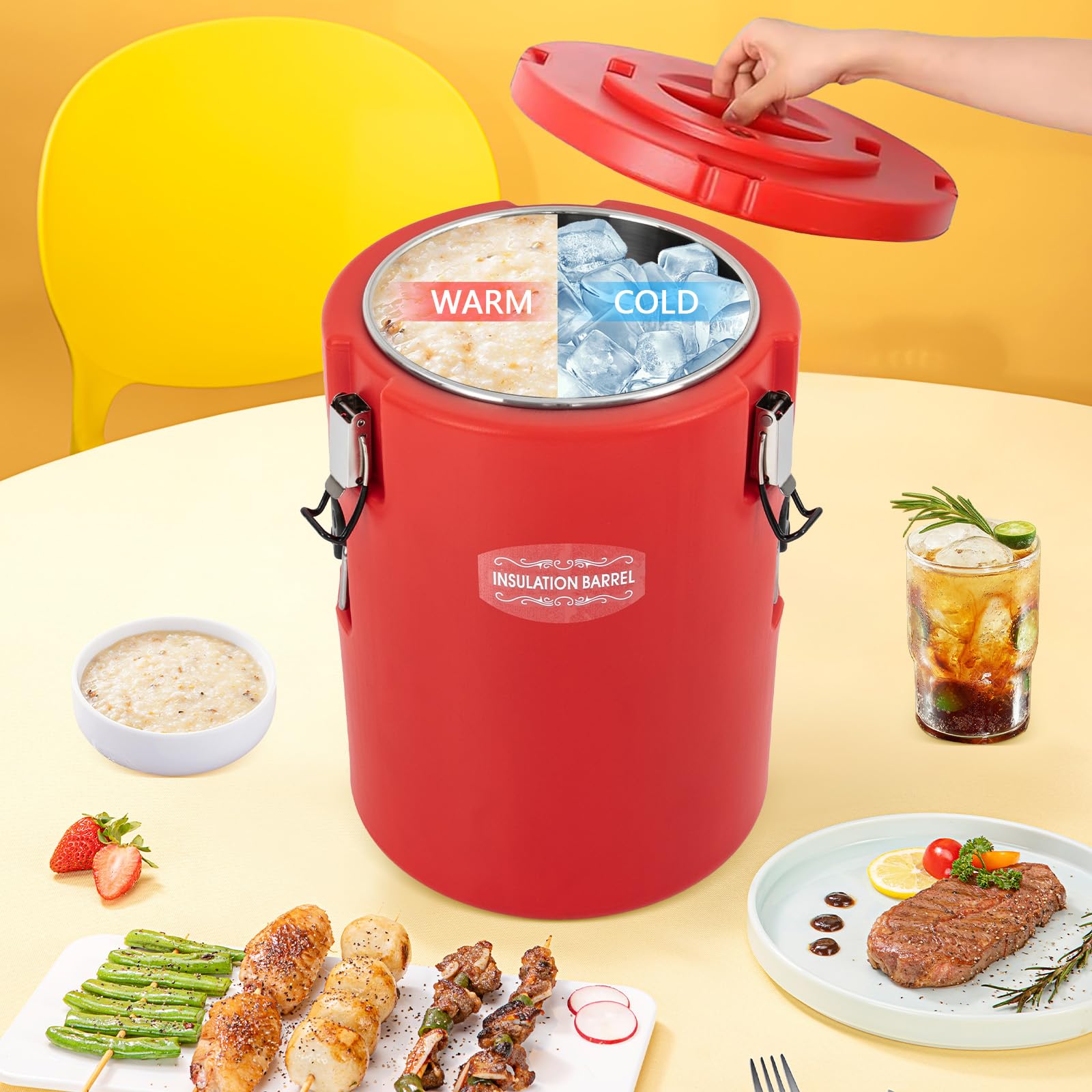 HAPPCUCOE 20L/21.1Qt Insulated Soup Container, Commercial Soup Container for Hot Or Cold Food Storage, Insulated Bucket for Kitchens, Restaurants (Red)
