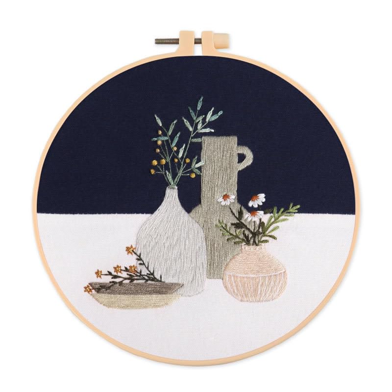 Stamped Embroidery Starters Kits with Pattern Flower in Vase for Beginners with Hoops Cloth Color Threads Cross Stitch Kits Needlework Art for Adults Students Home Decoration