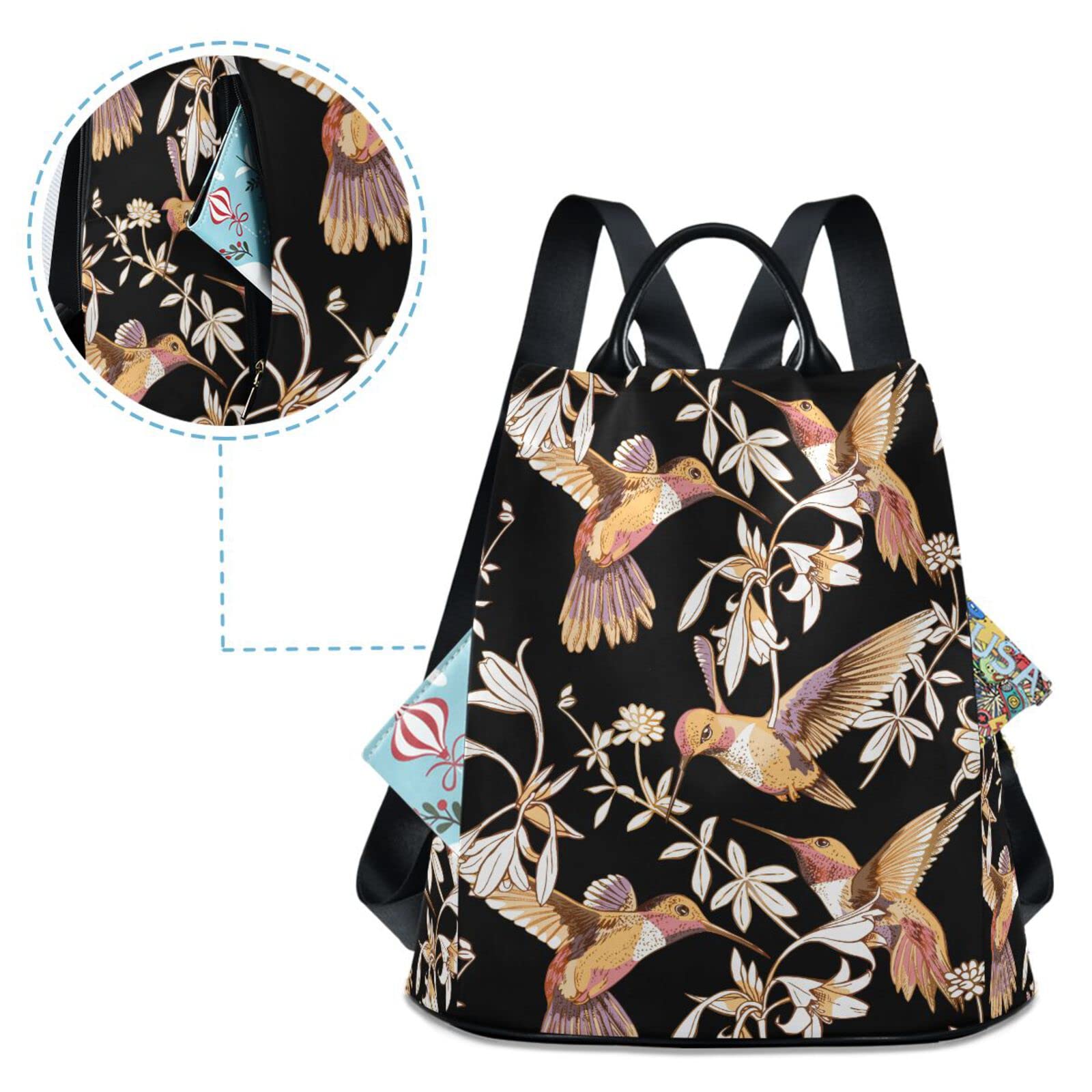 Fustylead Floral Gold Hummingbirds Flowers Backpack Purse for Women Anti Theft Fashion Back Pack Shoulder Bag