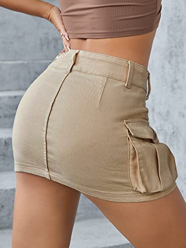 MakeMeChic Women's Y2K Skirt Low Rise Flap Pocket Mini Bodycon Denim Jean Skirt Khaki M