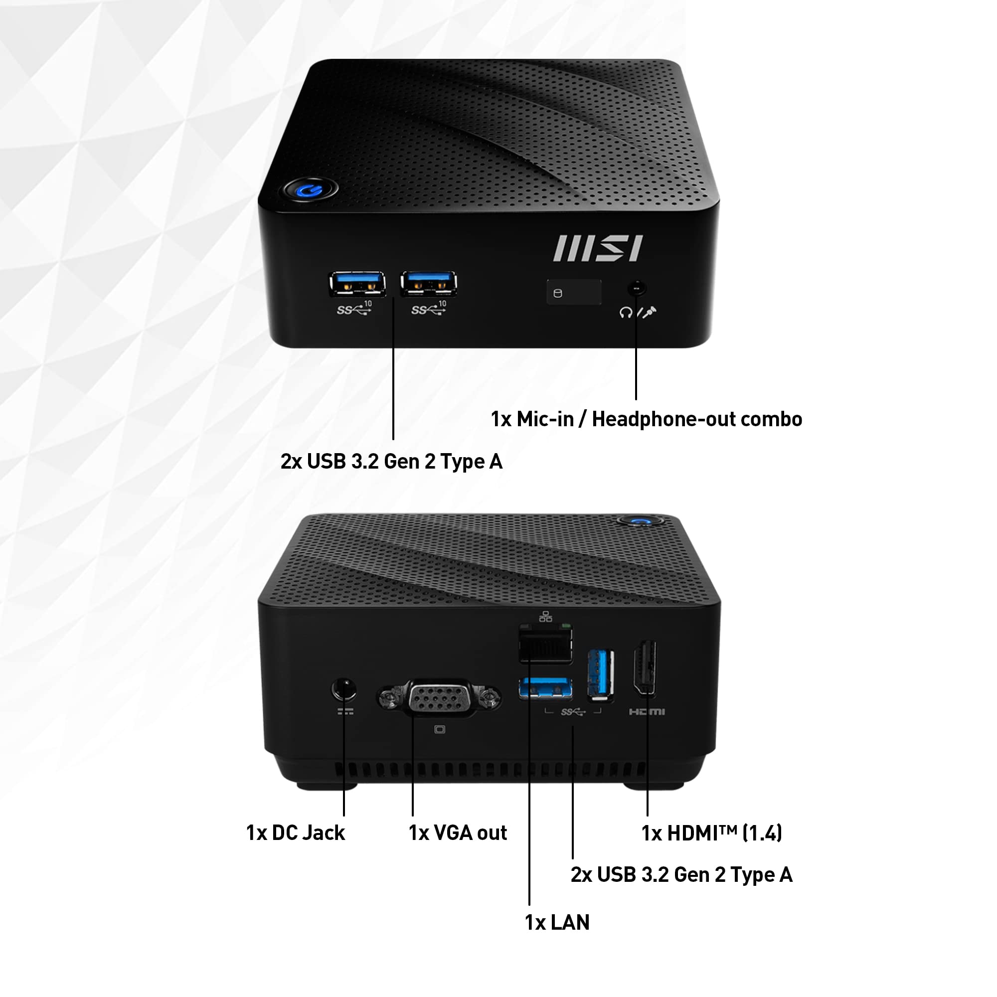 MSI Cubi N Mini PC: Intel Celeron N4500, 4GB DDR4 (1x4GB) 2666MHz, 128GB SSD, WiFi 6, BT 5.2, Energy Efficient, Black, Windows 11 Pro: JSL-070US