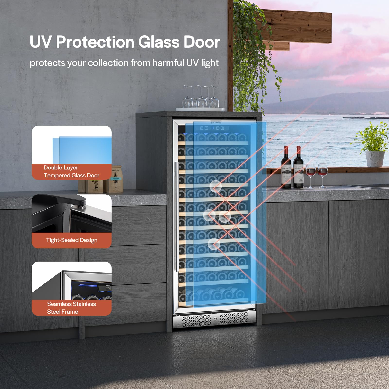 Empava 24" Refrigerator 127 Bottles Single Zone Built in or Freestanding Compressor Fridge Chiller Wine Cooler with Wood Shelves, 24 Inch, Stainless Steel
