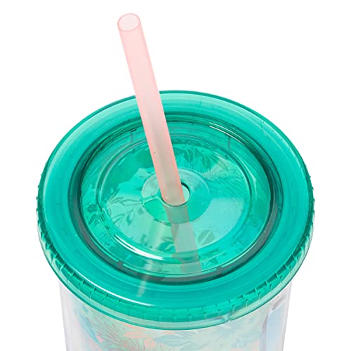 Silver Buffalo Lilo and Stitch Tropical Pattern Plastic Tall Tumbler/Cold Cup with Lid and Straw, 20-Ounce