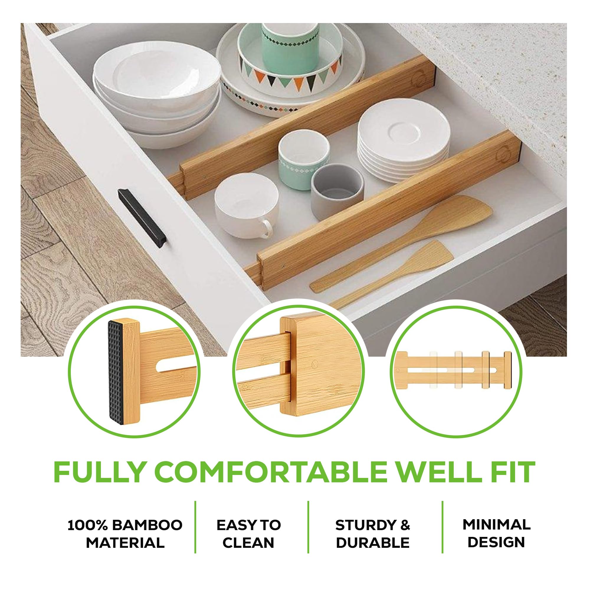 OASIS 4-Pack Bamboo Drawer Dividers Expandable, Kitchen Drawer Organizer, (13.75"- 17") Spring Loaded Drawer Separators, Wooden Drawer Organizer, Adjustable Drawer Dividers for Clothes, Home & Office