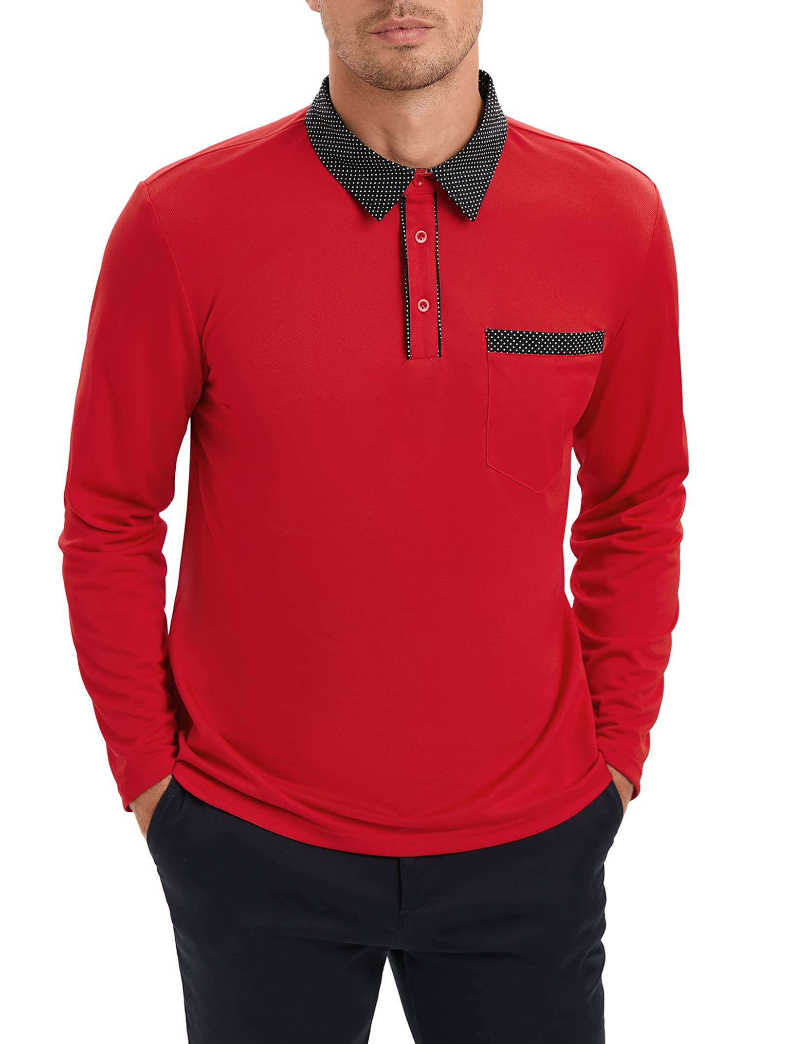 EliteSpirit Mens Long Sleeve Polo Shirts Casual Polka Dot Collared Golf Shirt with Pockets Wine Red S