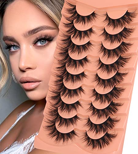 Eyelashes Wispy Natural Lashes Cat Eye Lashes Fluffy Mink Lashes Fake Eyelashes 8D Volume 18MM Faux Mink Eyelashes that Look Like Extensions 9 Pairs Pack