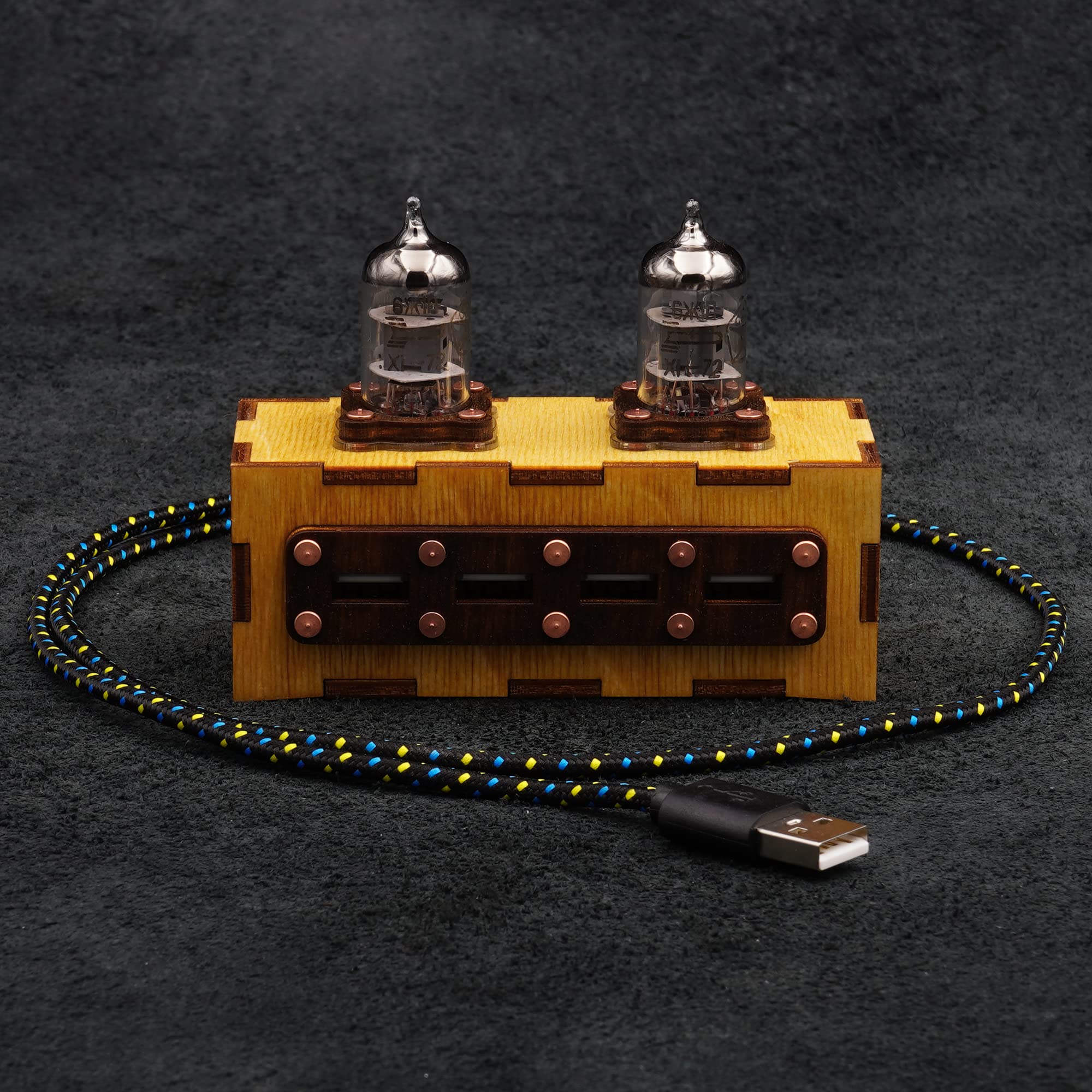 Handmade Wooden 4-Port USB Hub - Dual Blue Pentode Radio Tube - Unique Design - Steampunk/Industrial Style - USB 2.0 - Durable 1M(3FT) Cable