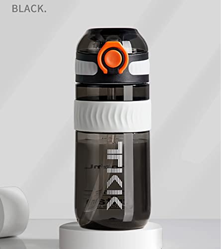TKK 18oz Kids Water Bottles with Straw Lid & Carry Handle, Pop Button BPA Free Leak Proof Water Bottle for School, Black-NEW