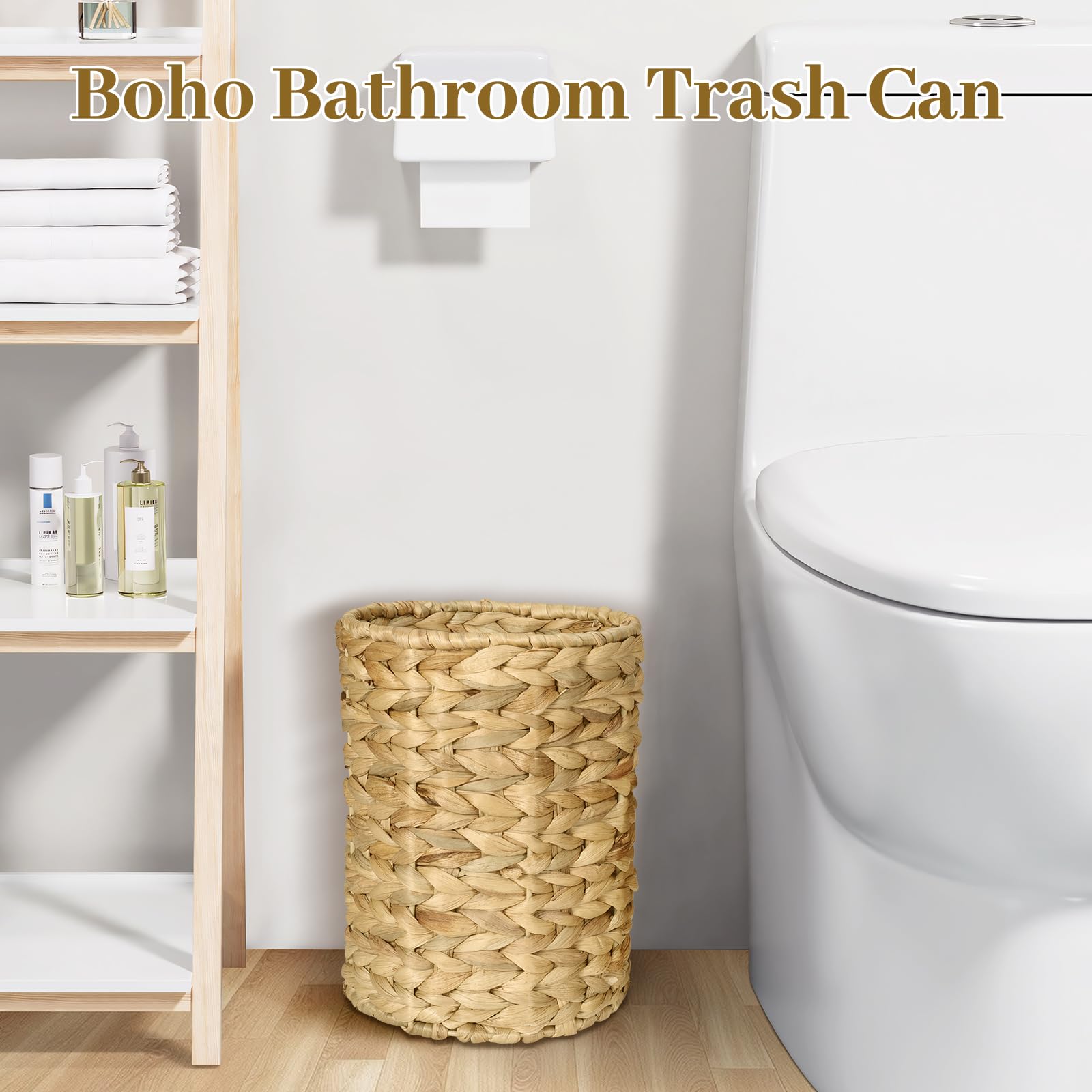 hardcometrue Boho Wicker Trash Can with Lid,Bathroom Trash Can with Trash Bags Hand Woven Water Hyacinth Trash Basket for Kitchen Bedroom Office