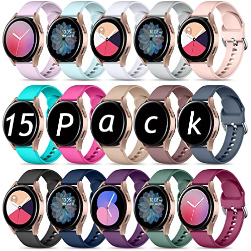 Maledan 15 Pack Band Compatible with Samsung Galaxy Watch 5 Band/Galaxy Watch 4 Band/Galaxy Watch 6 Band, Galaxy Watch 5 Pro/Galaxy Watch 3/Active 2, 20mm Soft Silicone Sports Strap Women Men, Small