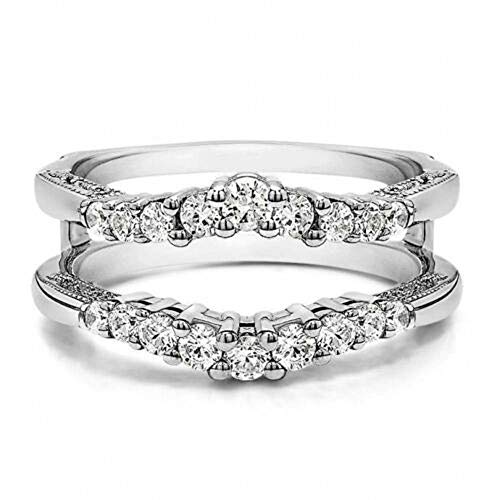 Elegant Touch 2 pcs Women's Round Brilliant Round Cut Diamond Solitaire Ring with Guard Enhancer Engagement,Wedding Rings Set (6.5)